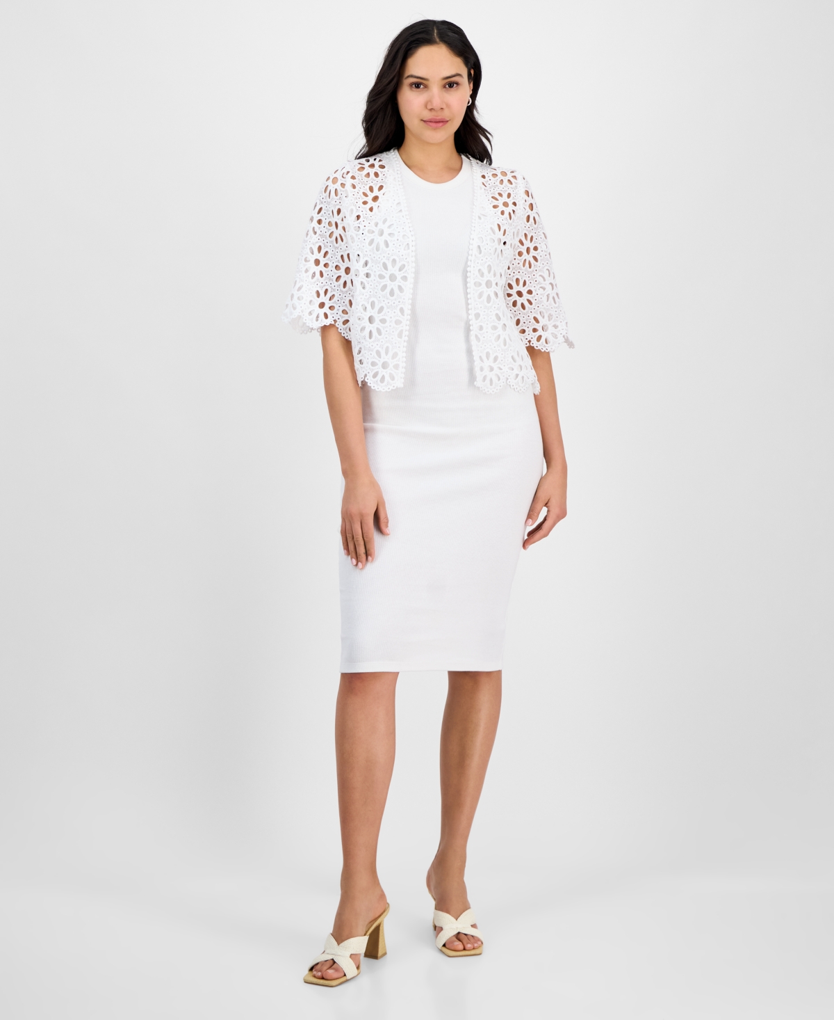 Click here for Robbie Bee Womens Lace Detail Shrug Jacket - White prices