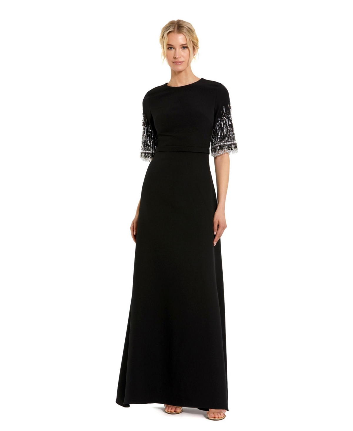 Mac Duggal Womens Crepe A Line Gown With Beaded 3/4 Sleeves - Black