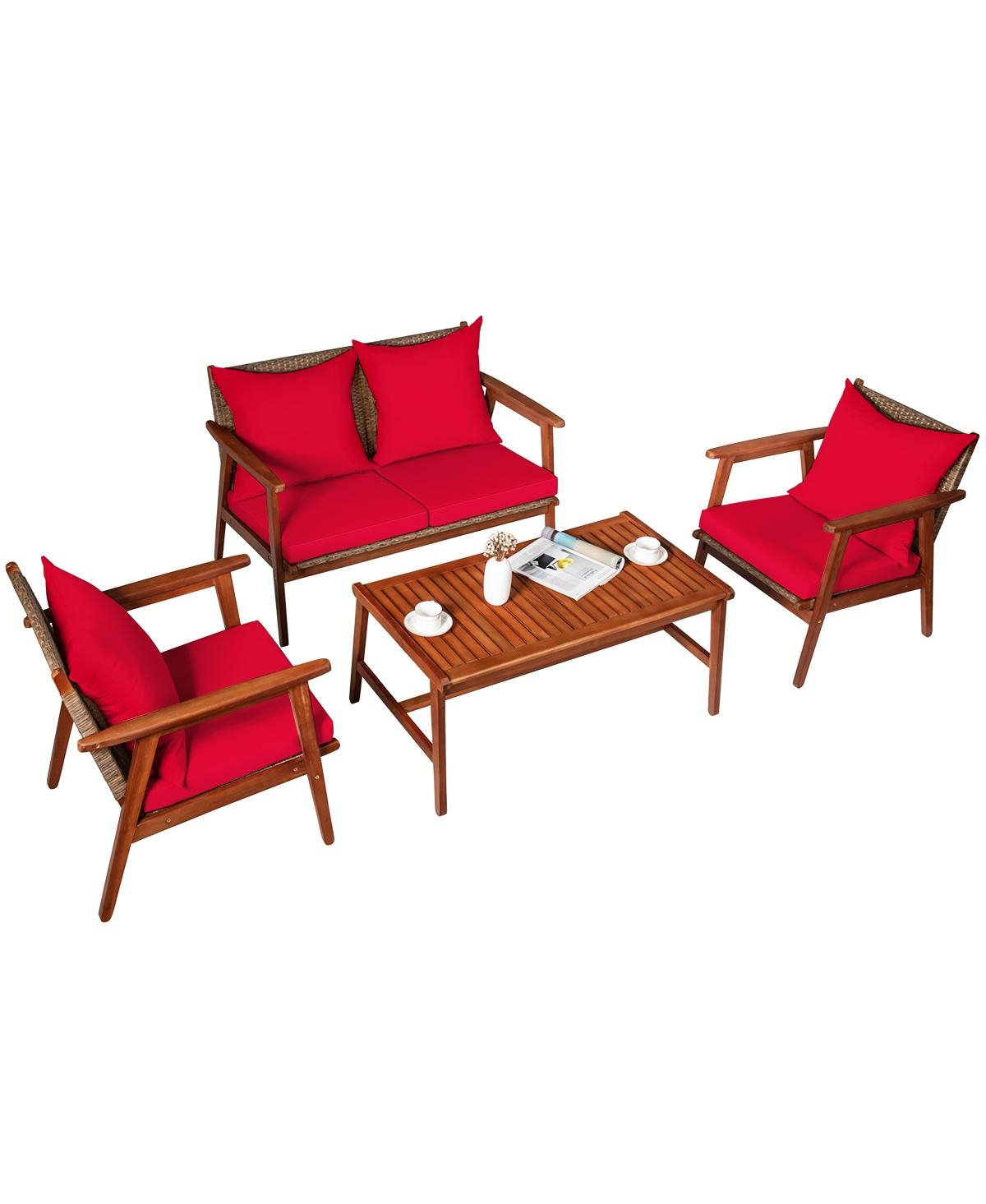 Click here for 4 Pieces Acacia Wood Patio Rattan Furniture Set wi... prices