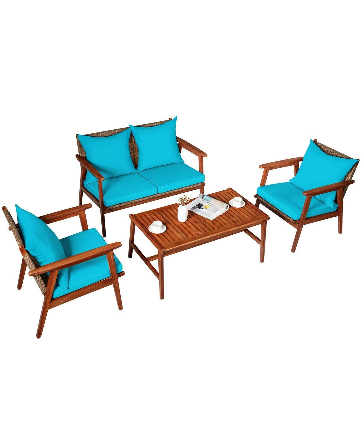 Click here for 4 Pieces Acacia Wood Patio Rattan Furniture Set wi... prices