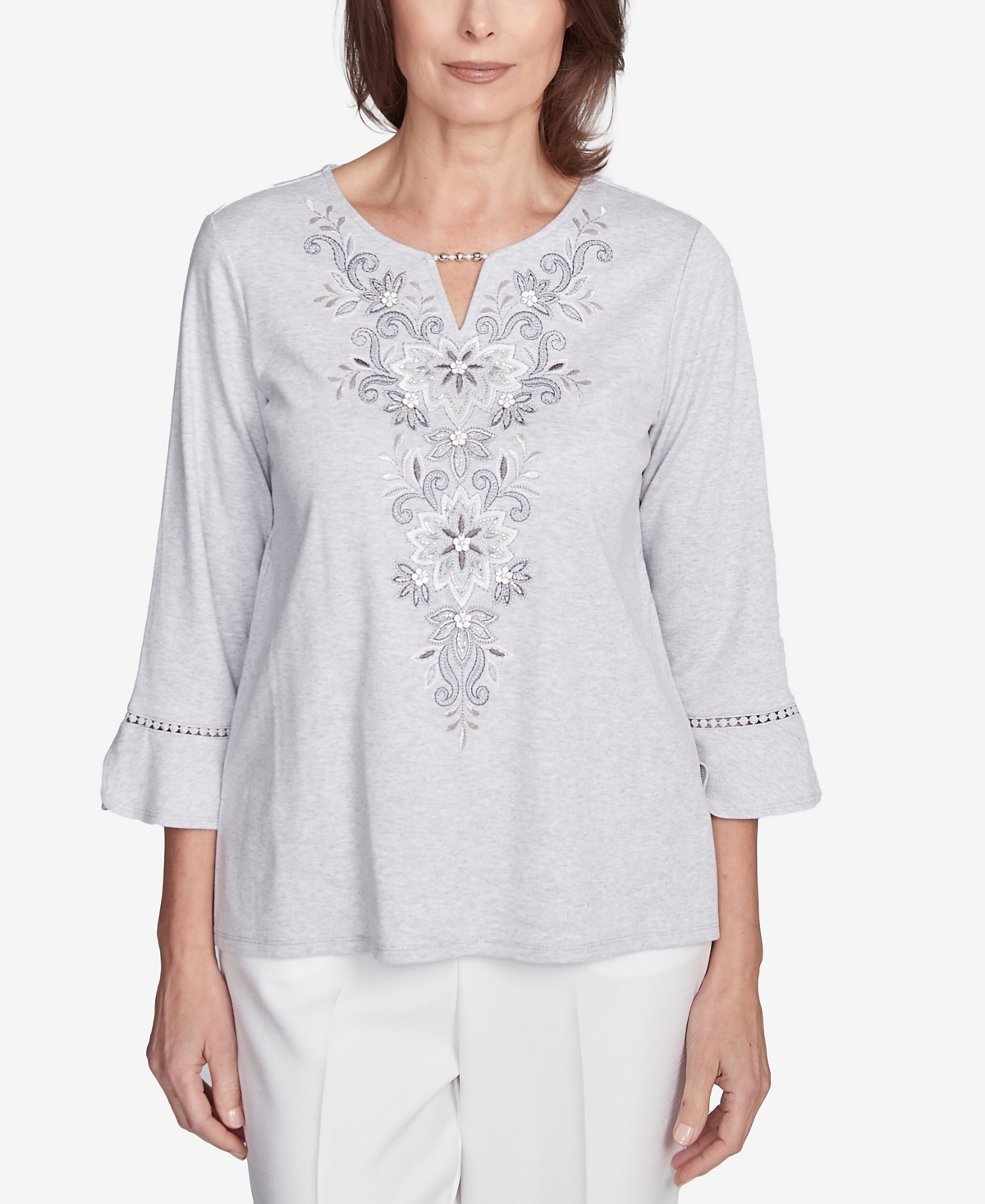 Alfred Dunner Petite Estate of Mind Embroidered Scroll Bell Sleeve Top - Dove Grey