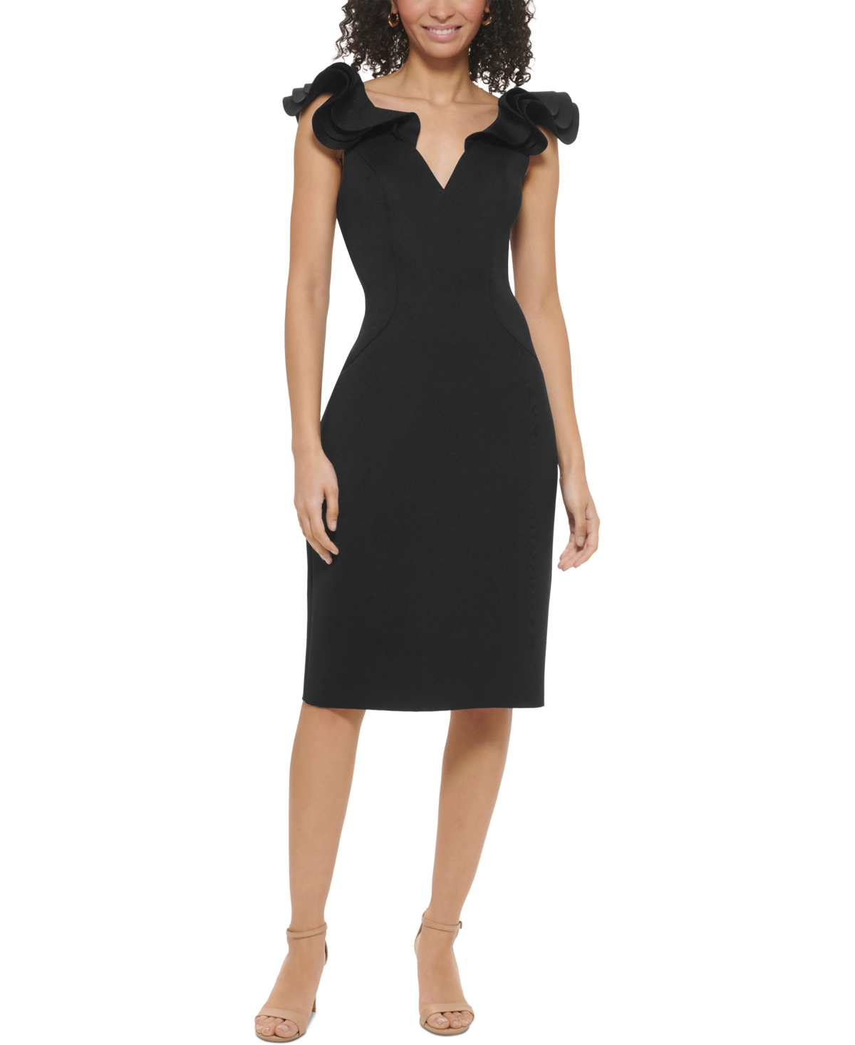 Click here for Eliza J Womens V-Neck Ruffle-Trim Sheath Dress - B... prices