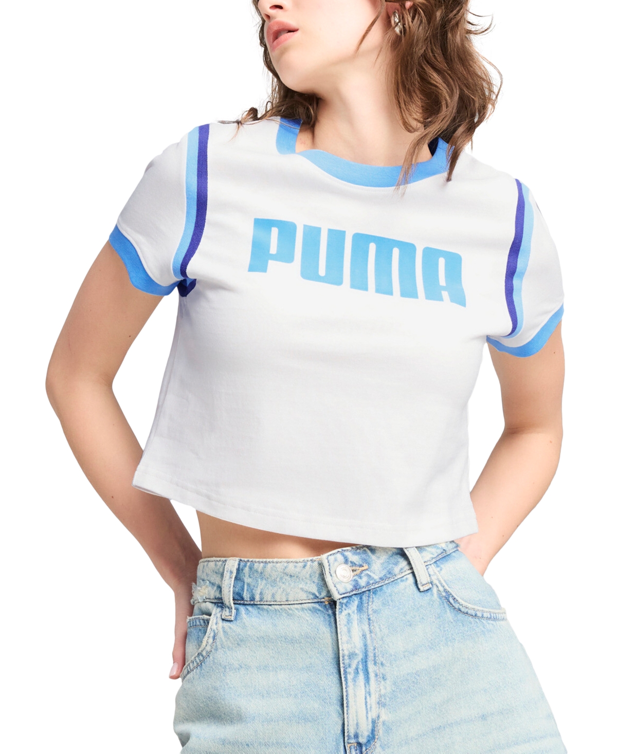 Click here for Puma Womens Cotton Logo Contrast-Trim Cropped T-Sh... prices