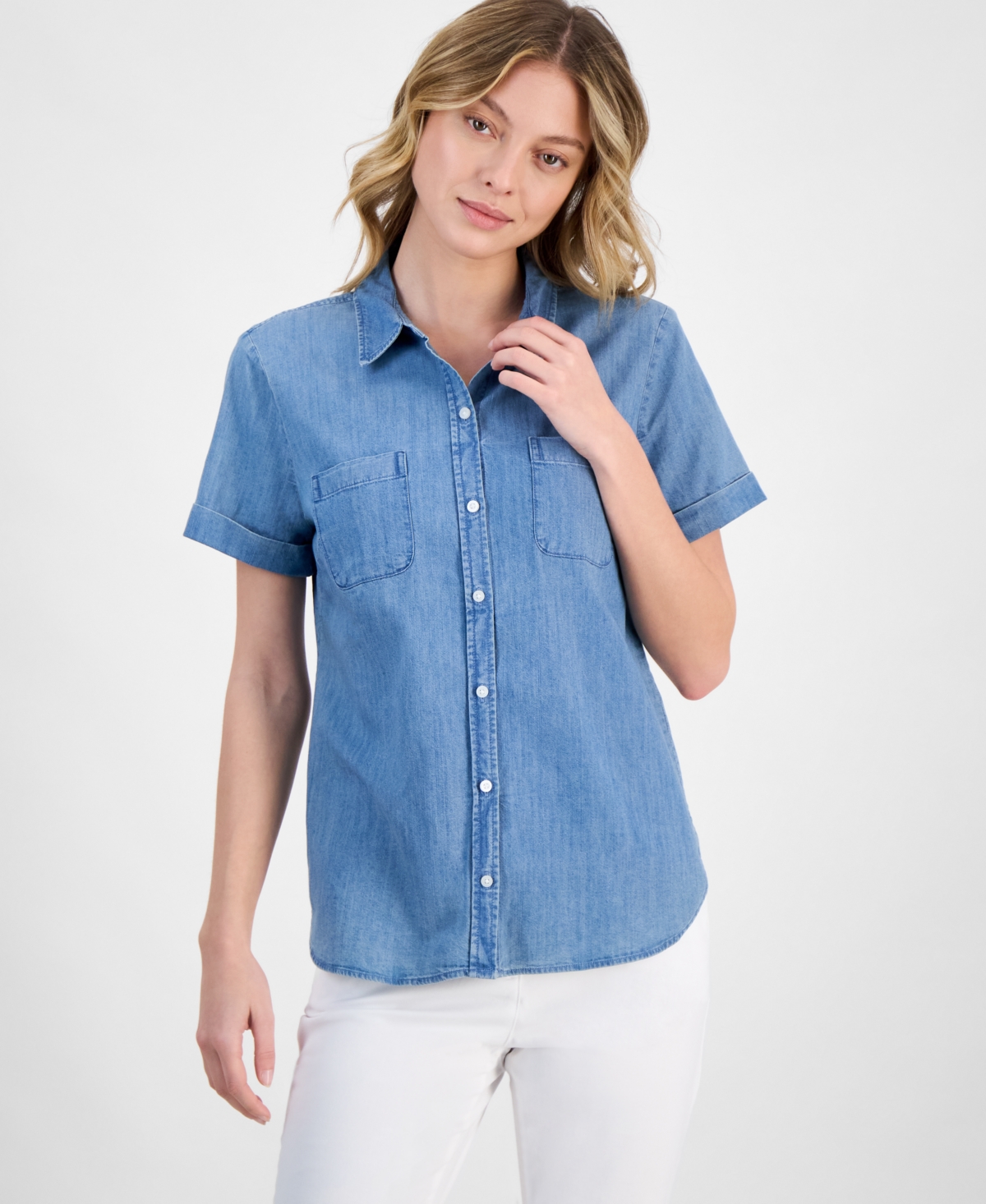 Click here for Nautica Jeans Womens Chambray Camp Shirt - Light a... prices
