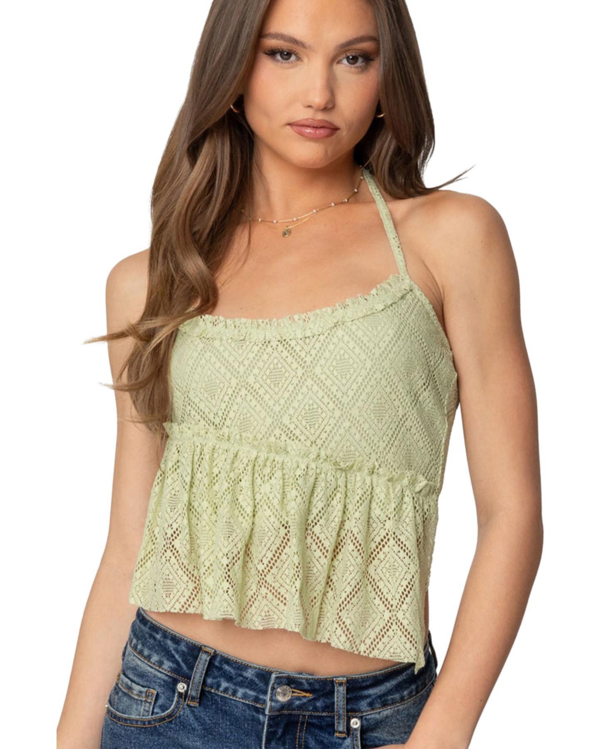 Edikted Womens Asymmetric Lace Halter Top - Green
