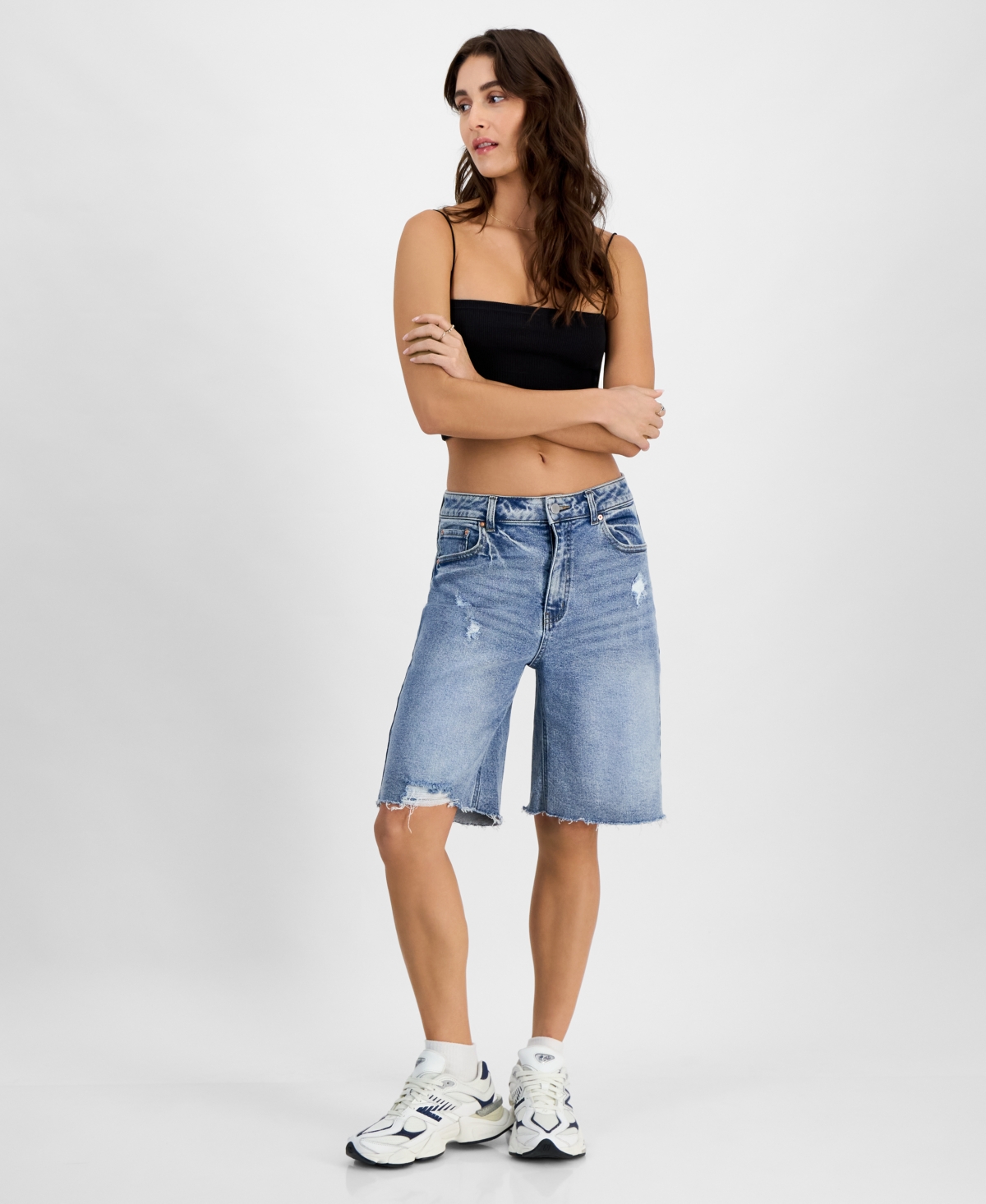Click here for Juniors High-Rise Baggy Denim Jorts - Medium Wash prices