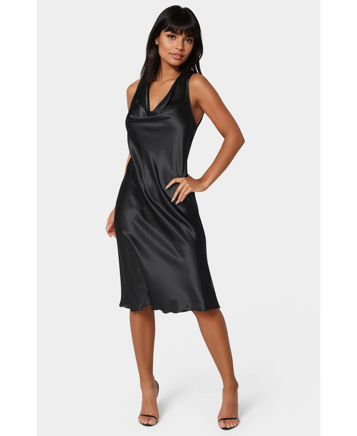 Click here for Bebe Womens Drape Front Sleeveless Satin Midi Dres... prices