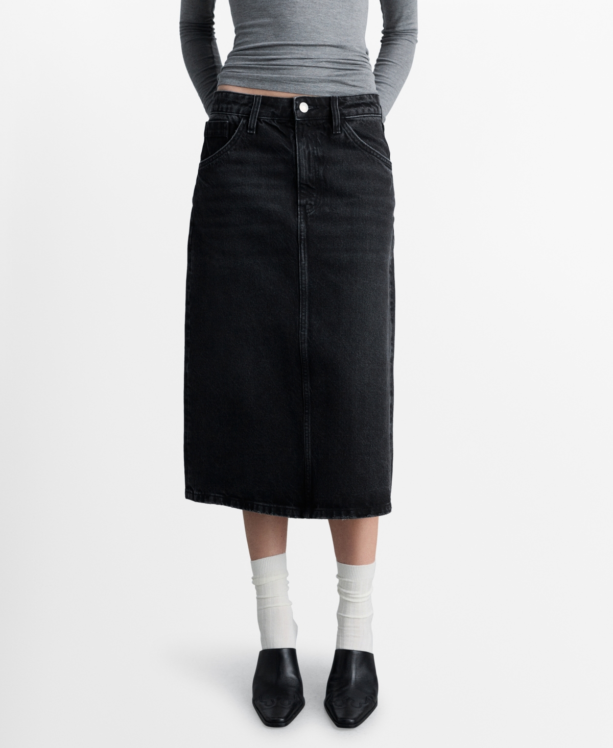 Click here for Mango Womens Denim Midi-Skirt - Black denim prices