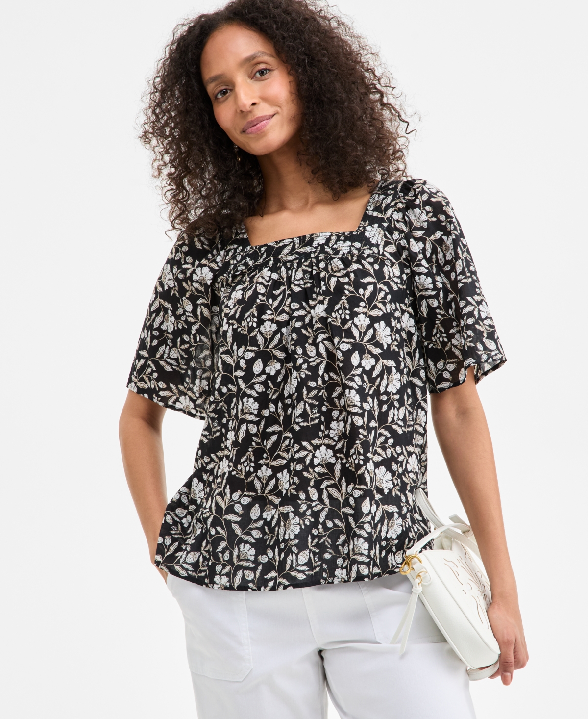 Click here for Style & Co Petite Floral Cotton Square-Neck Top  E... prices