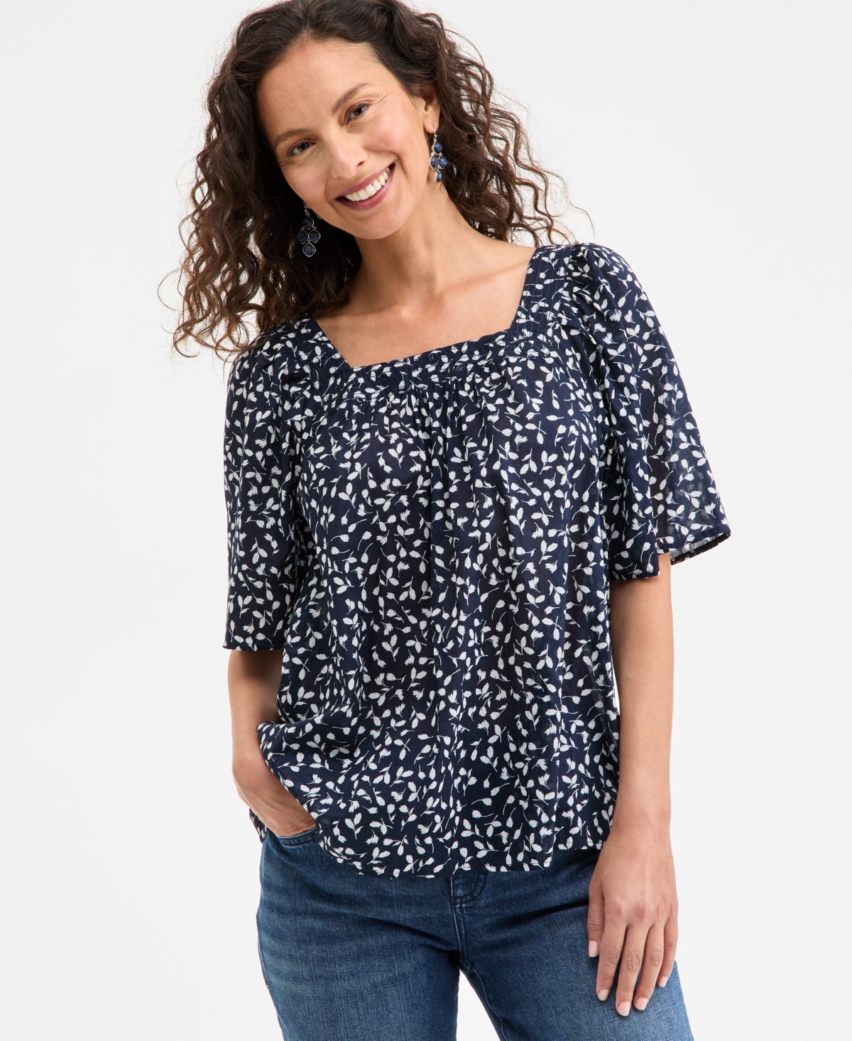 Click here for Style & Co Womens Printed Cotton Square-Neck Top... prices