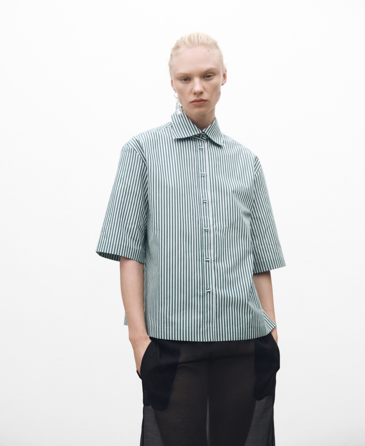 Click here for Mango Womens Short Sleeve Striped Shirt - Forest G... prices