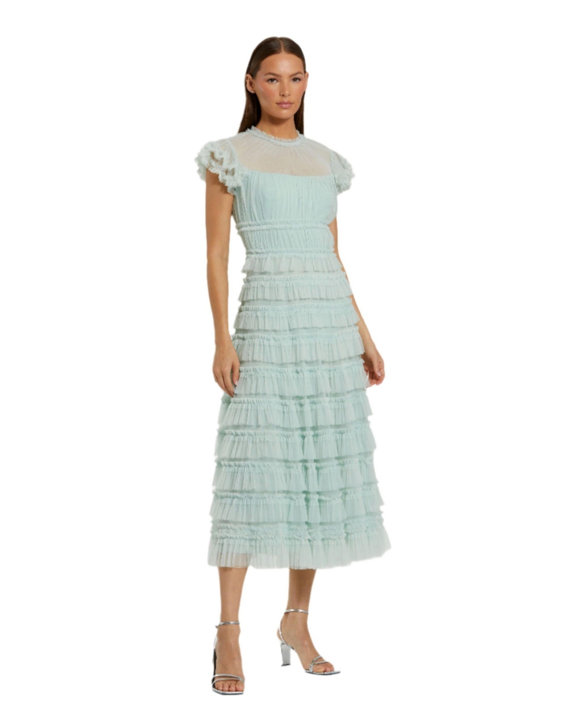 Click here for Mac Duggal Womens Solid Mesh Dot Micro Ruffle High... prices