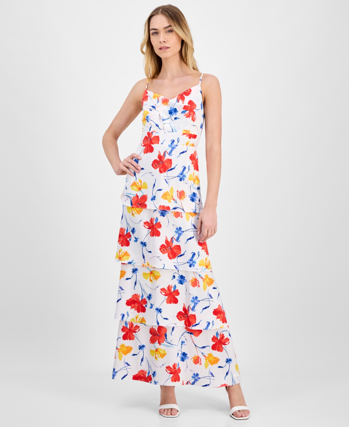Click here for Anne Klein Womens Floral-Print Cowlneck Tiered Sat... prices