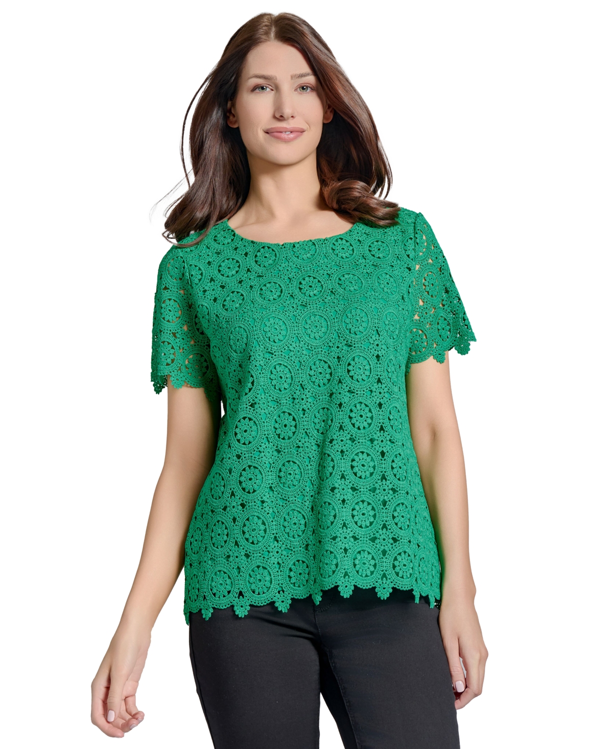 Jones New York Petite Short-Sleeve Lace Top - Kelly