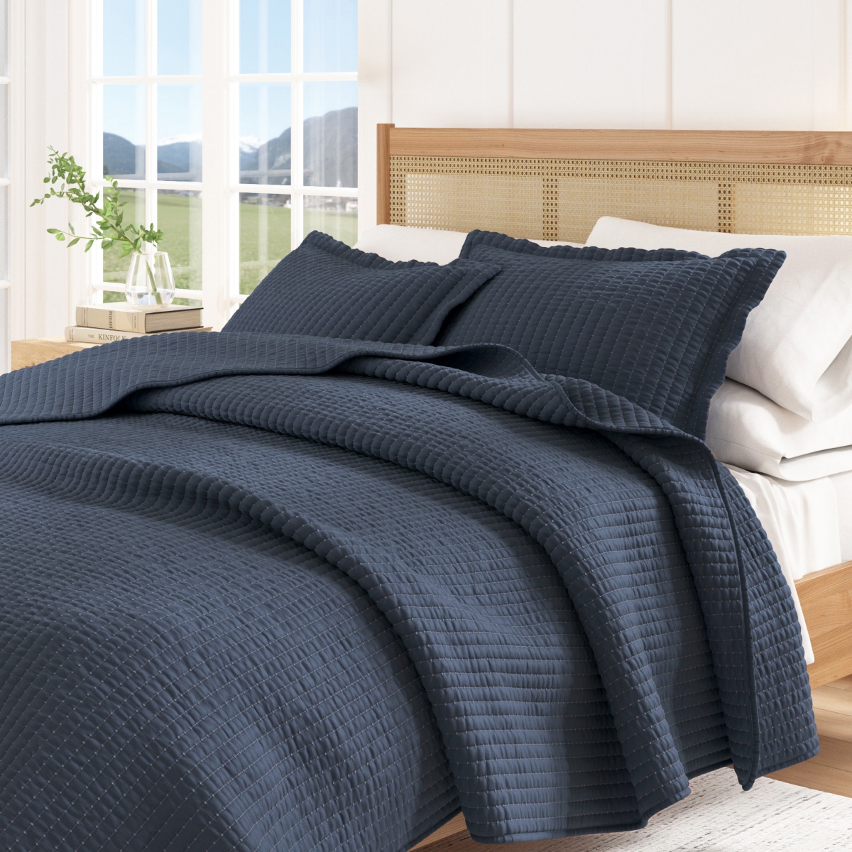 Linery & Co. Detailed Channel Stitch Microfiber Quilt Set With Shams - Navy