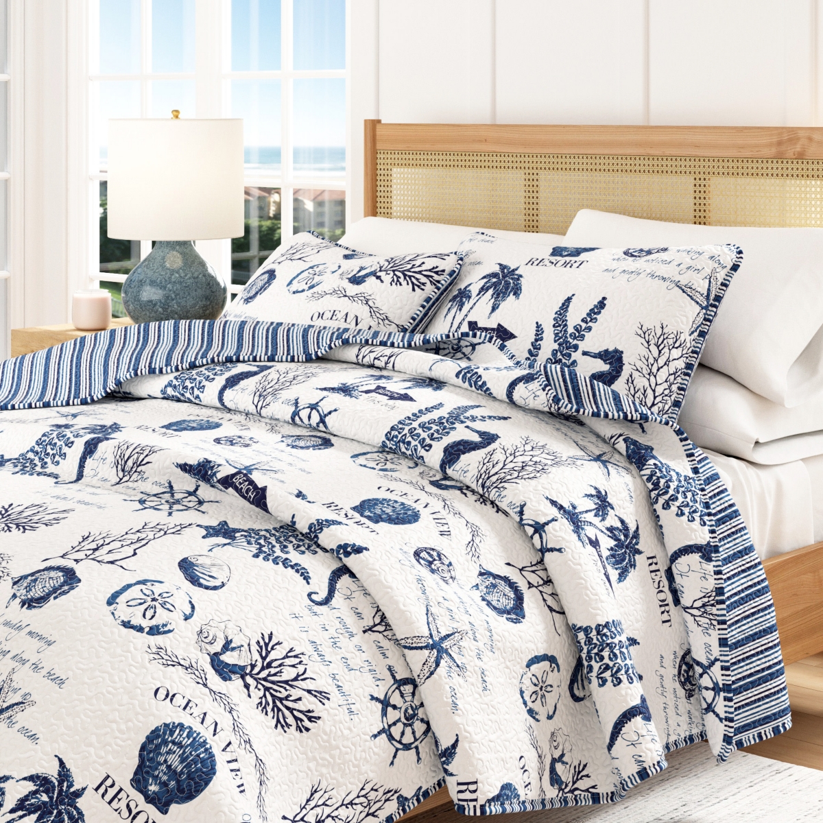 Click here for Linery & Co. Navy Nautical Pattern Microfiber Quil... prices