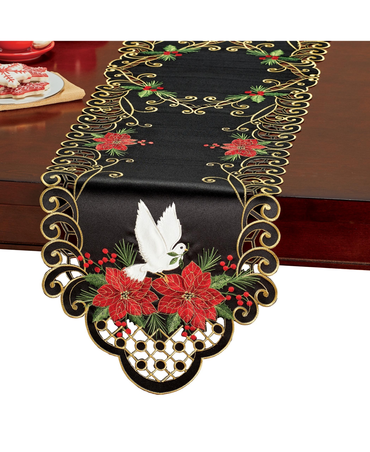 Click here for Holiday Poinsettia Dove Cut-Out Table Linens - Bla... prices