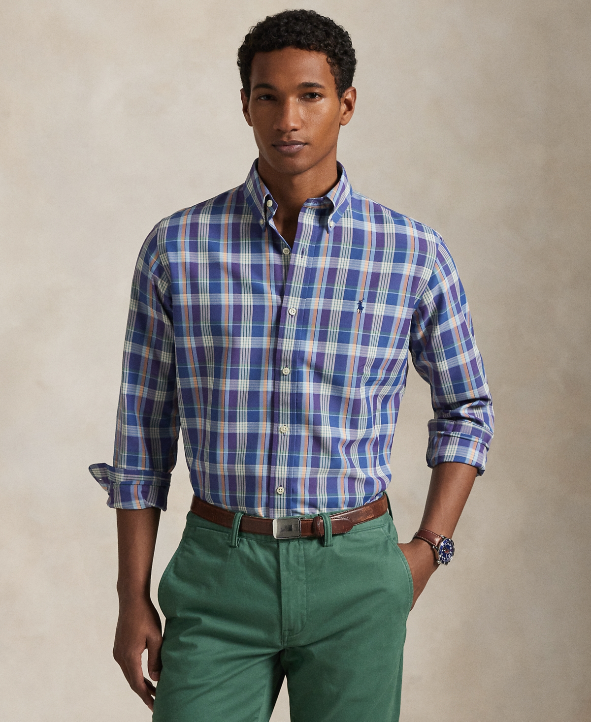Polo Ralph Lauren Mens Classic-Fit Performance Oxford Shirt - 6812B Purple Blue Multi