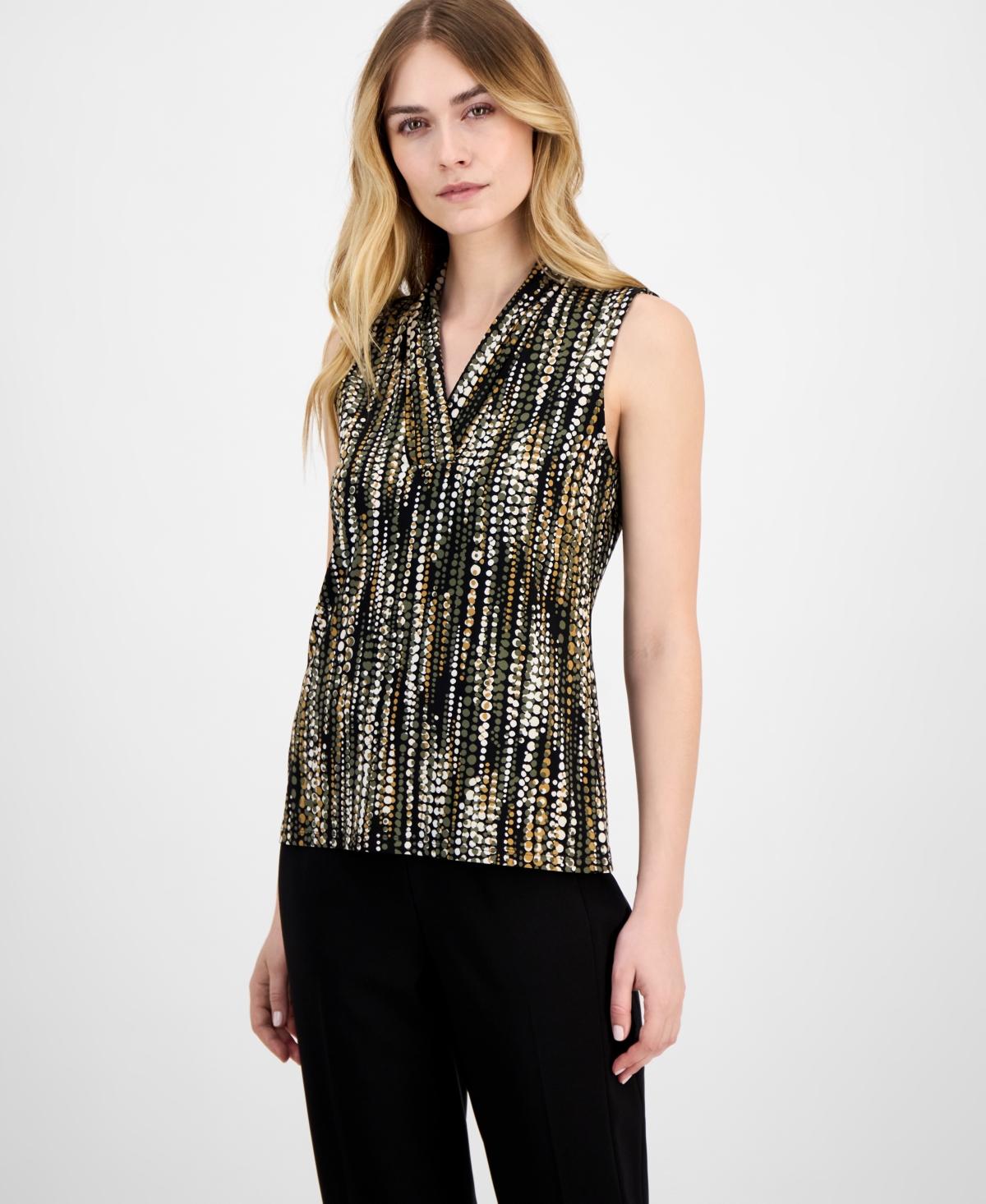 Click here for Anne Klein Womens Sleeveless Pleated V-Neck Shell... prices