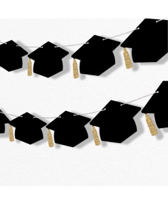 Graduation Cap Garland Banner, 10 Feet of Cord, 15 Black Hats with Gold ...