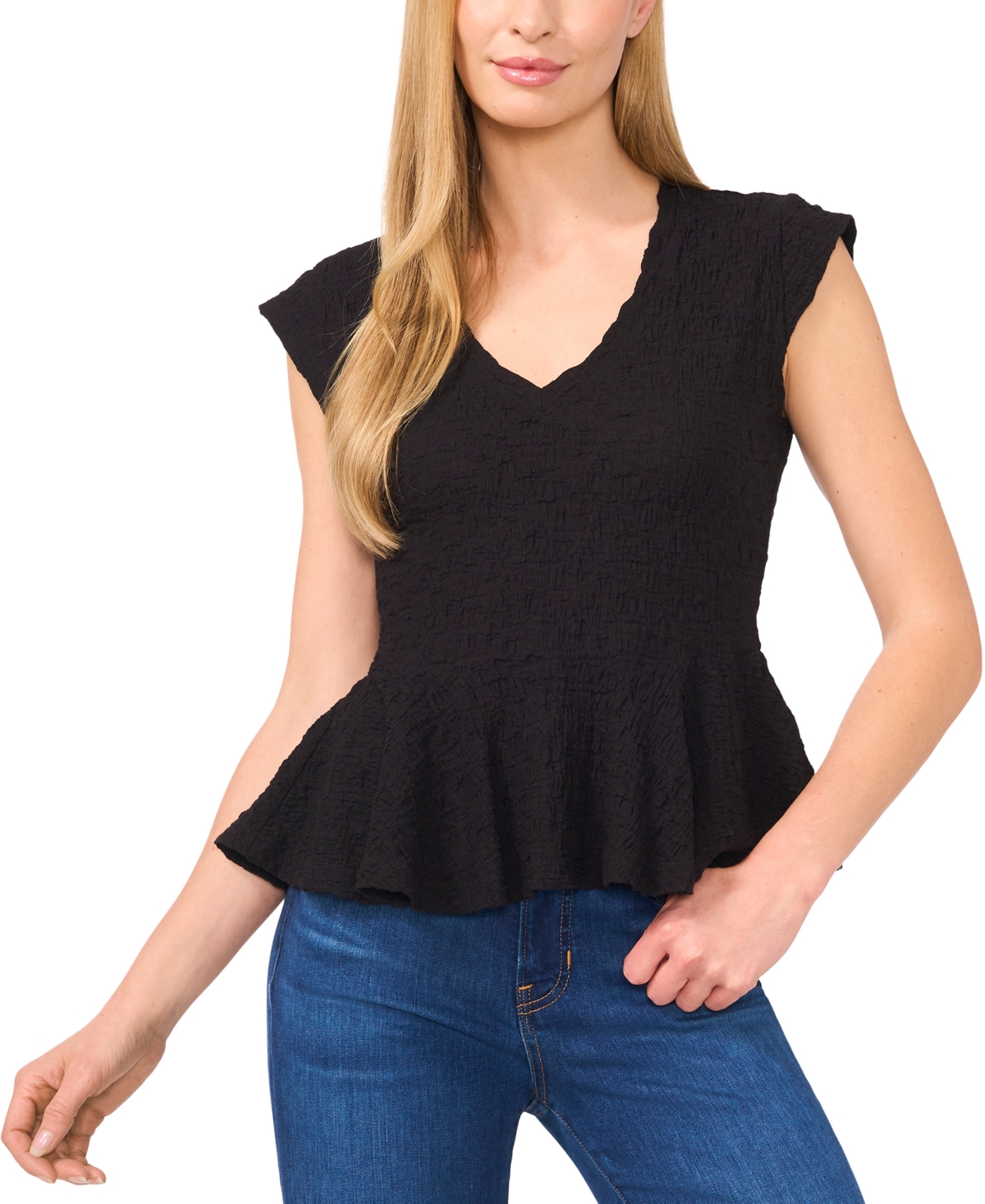 Click here for CeCe Womens V-Neck Puckered Knit Peplum Top - Rich... prices