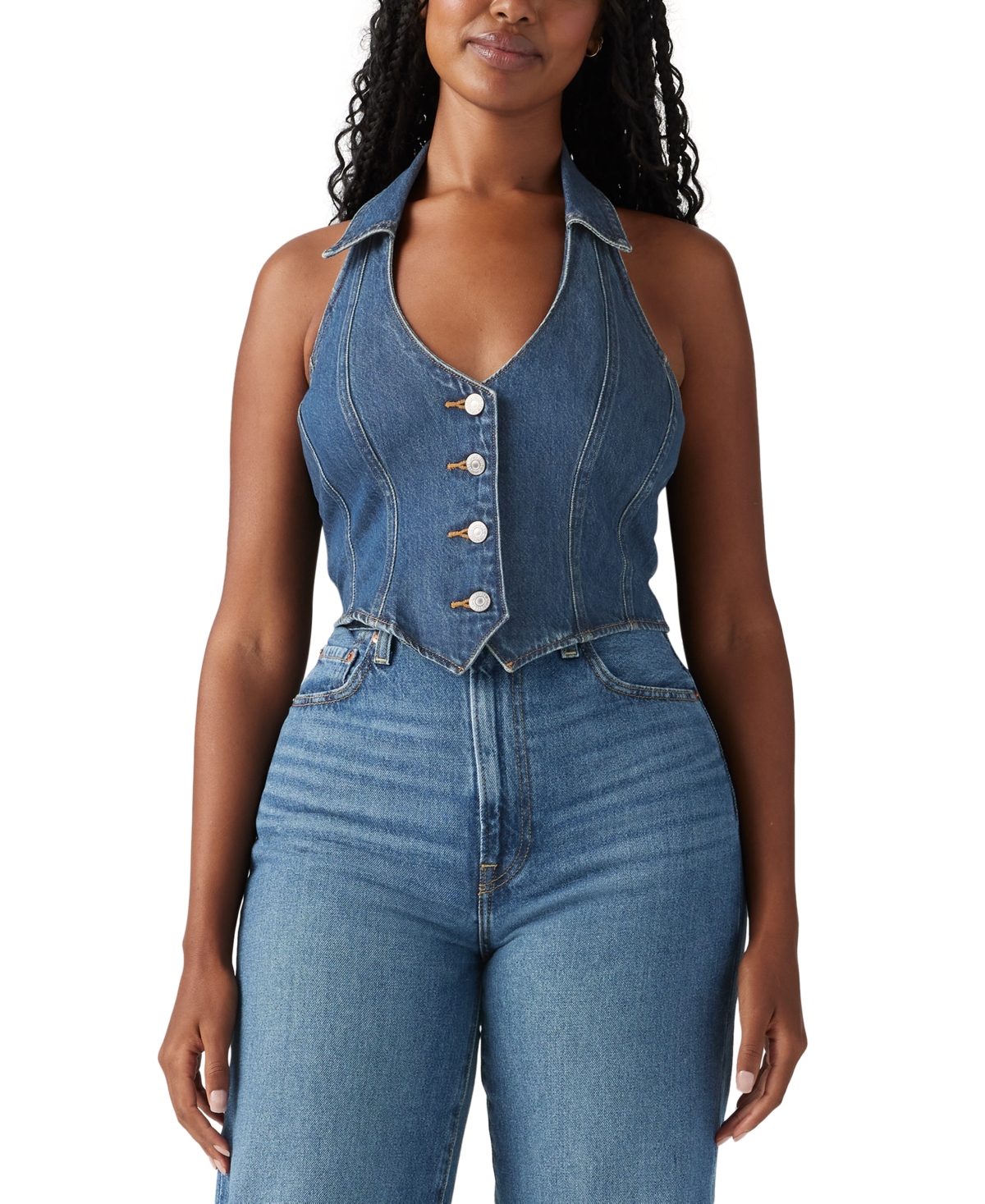 Click here for Levis Womens Bria Cotton Denim Corset Cropped Top... prices