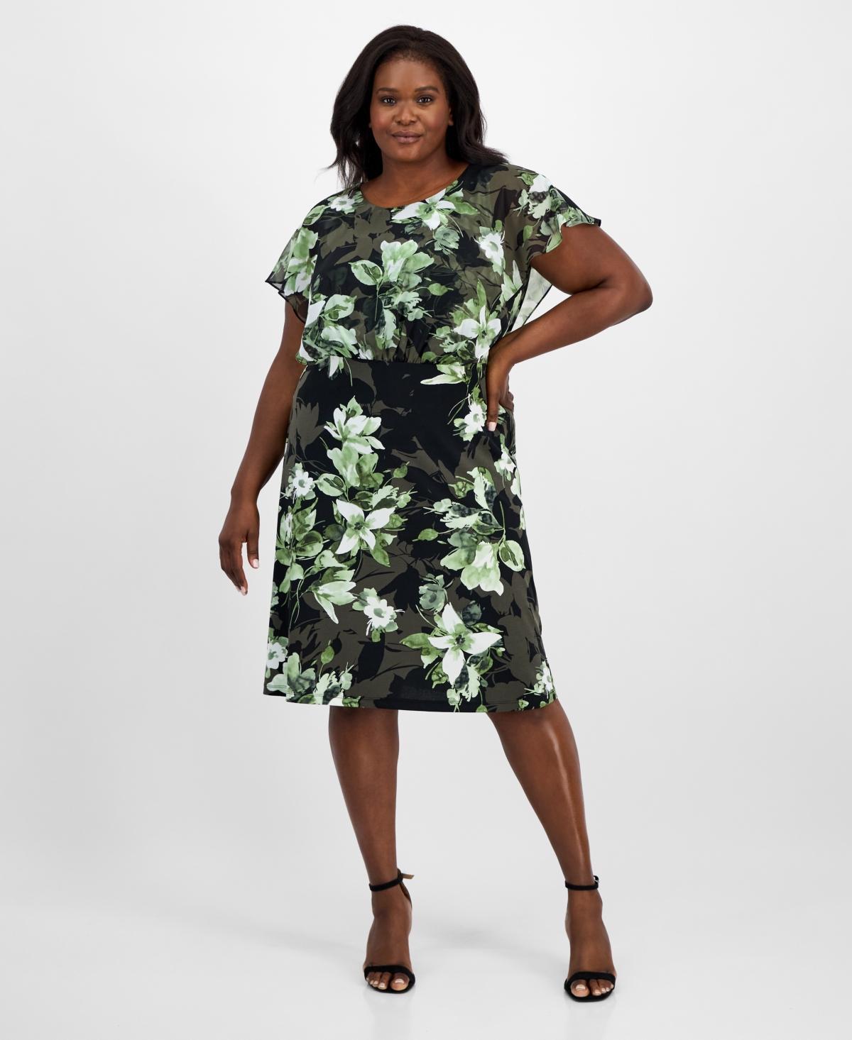 Click here for Connected Plus Size Printed Blouson Midi Dress - O... prices