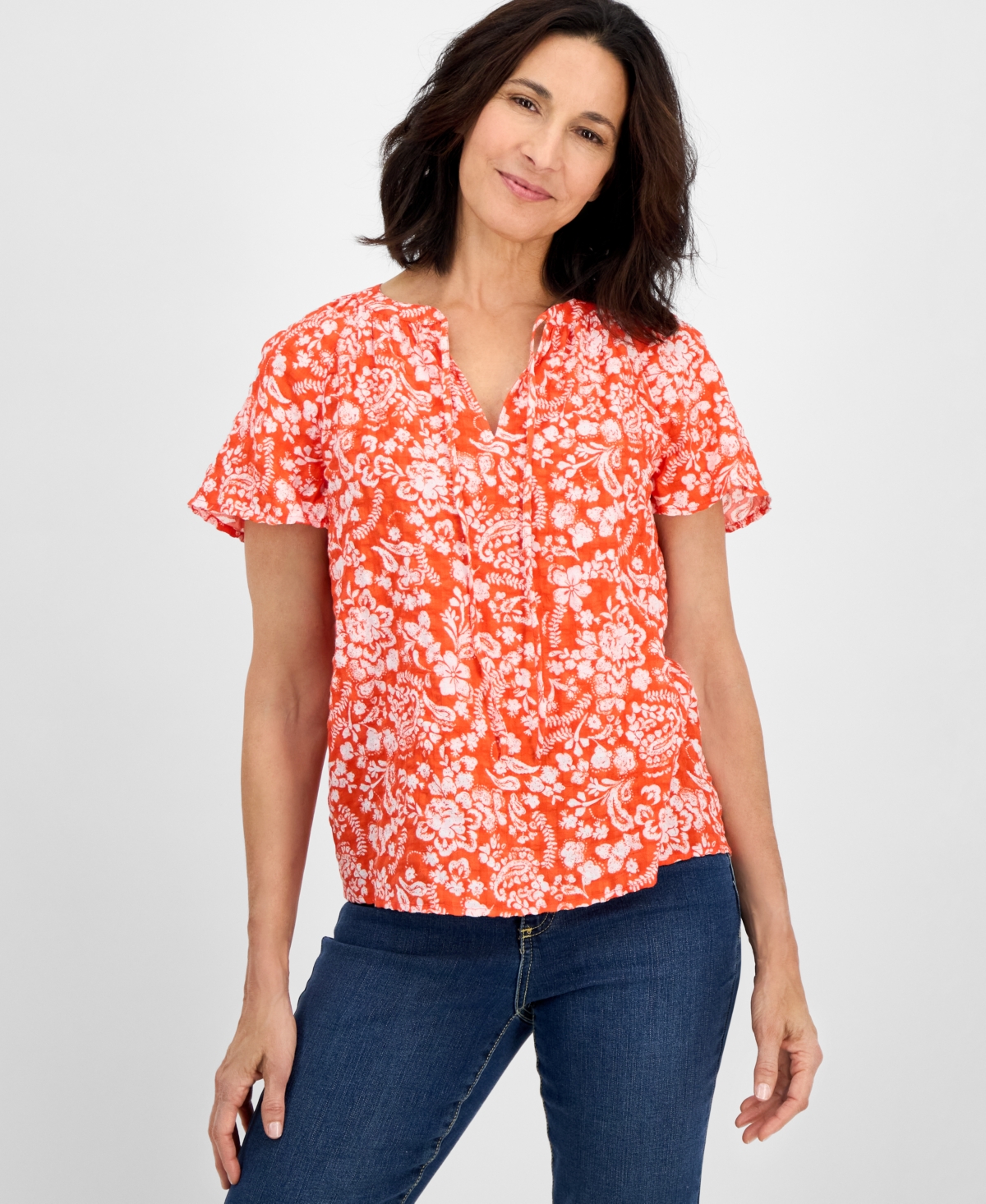 Click here for Style & Co Womens Seersucker Split-Neck Flutter Sl... prices