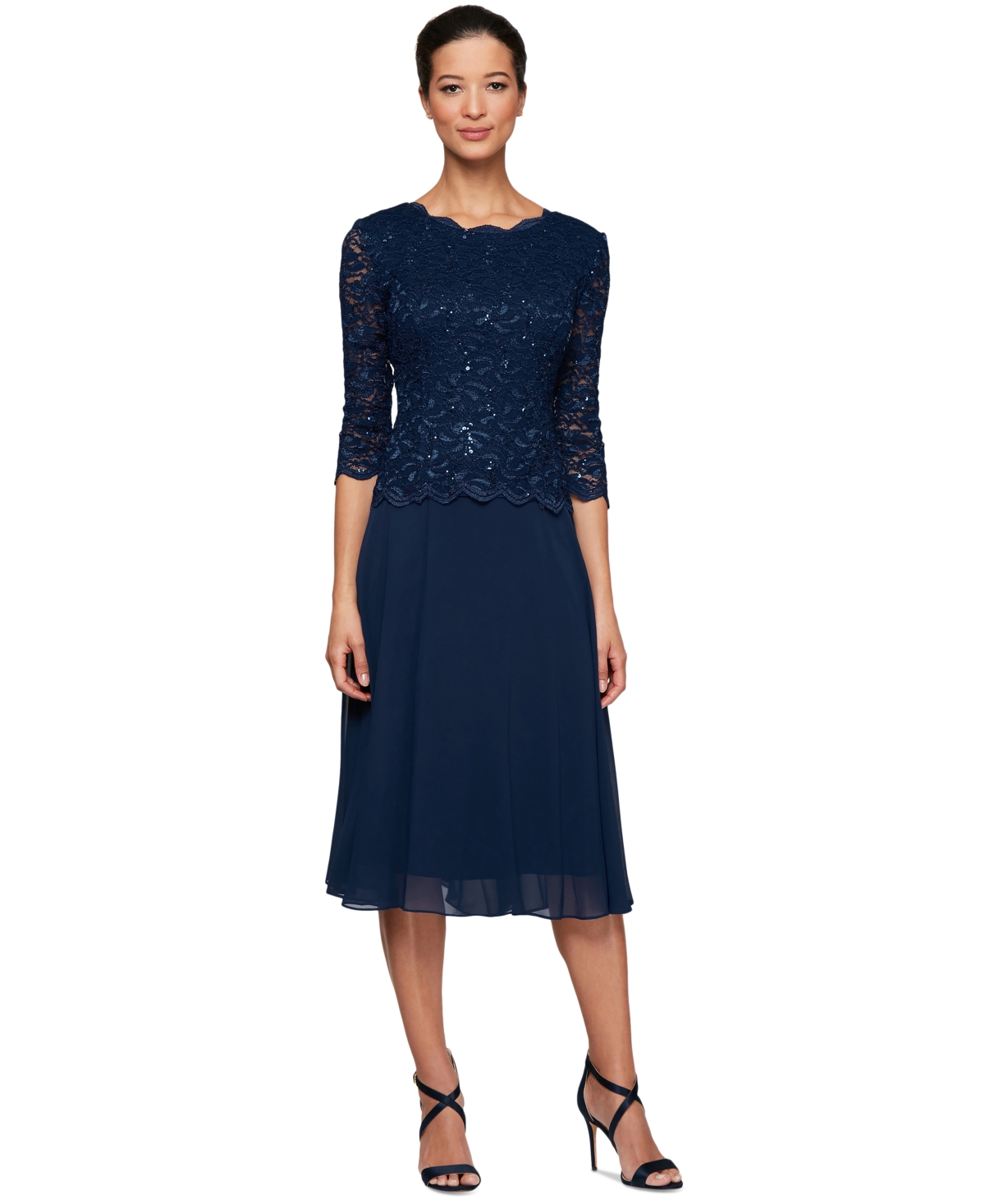 Click here for Alex Evenings Sequined Lace Contrast Dress - Navy... prices