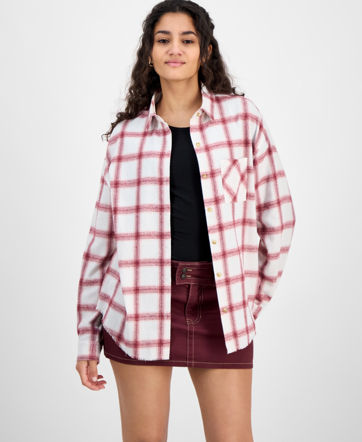 Click here for Just Polly Juniors Girlfriend Frayed-Hem Plaid Shi... prices