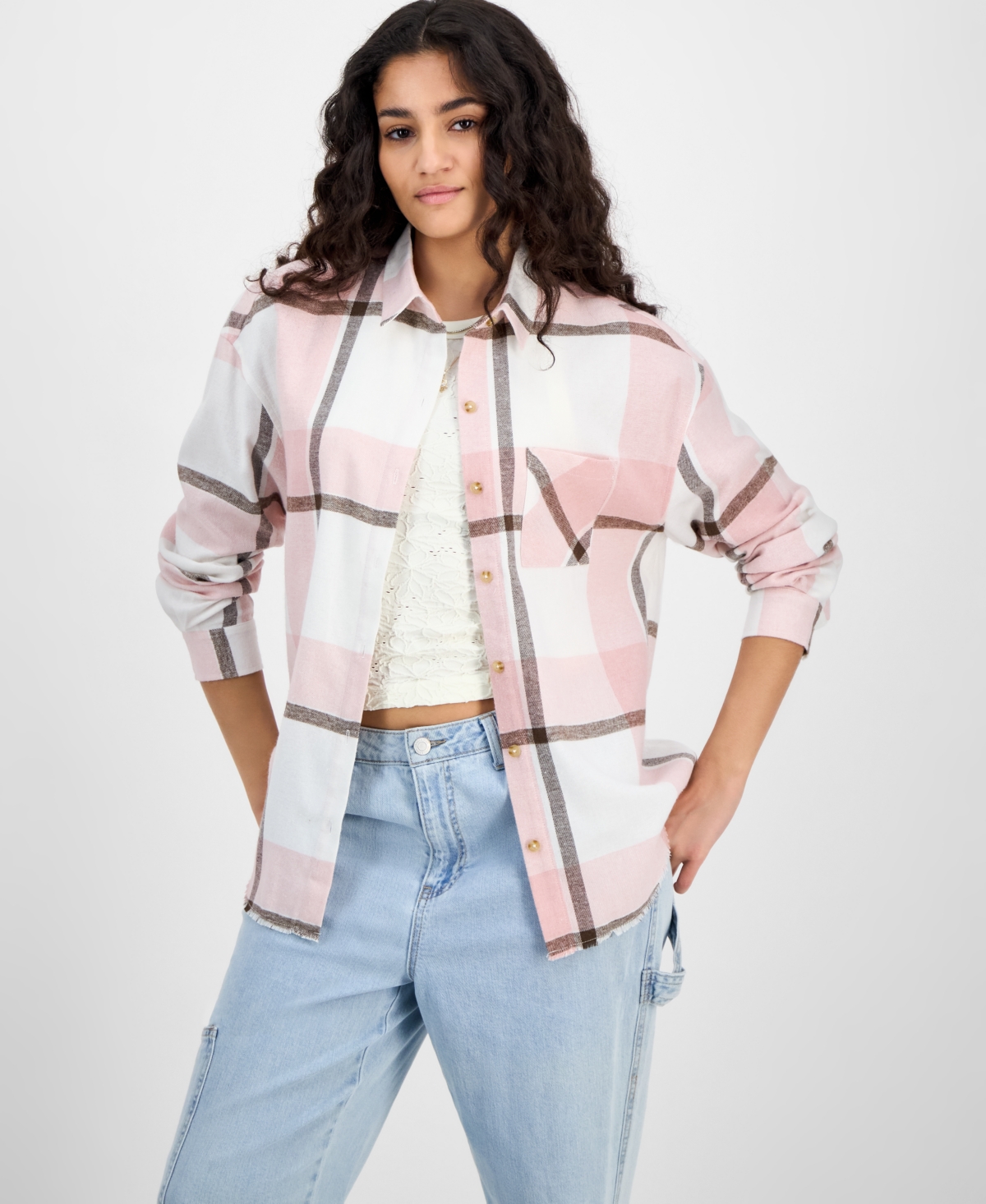 Click here for Just Polly Juniors Girlfriend Frayed-Hem Plaid Shi... prices