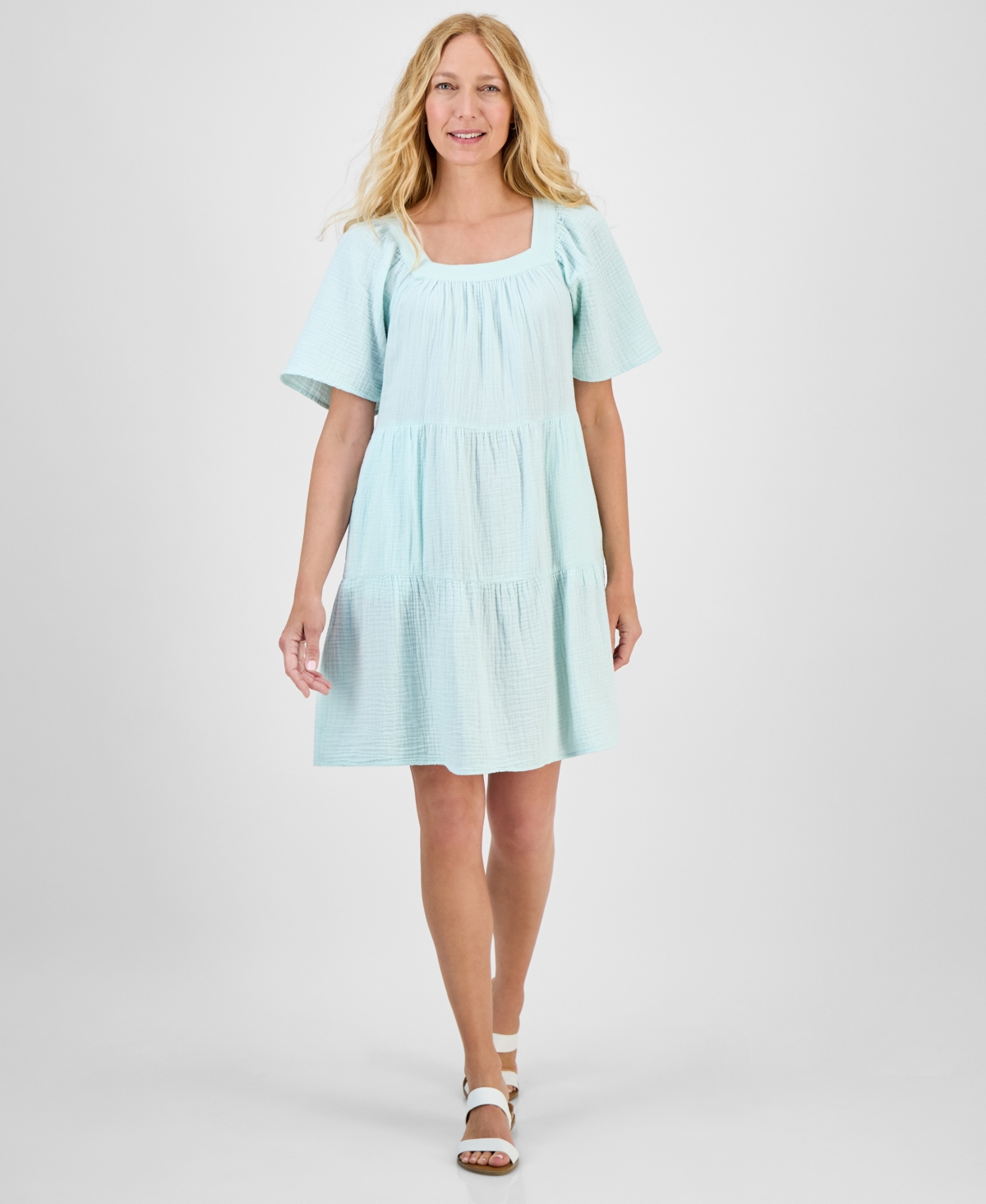 Click here for Style & Co Womens Cotton Gauze Square-Neck Tiered... prices