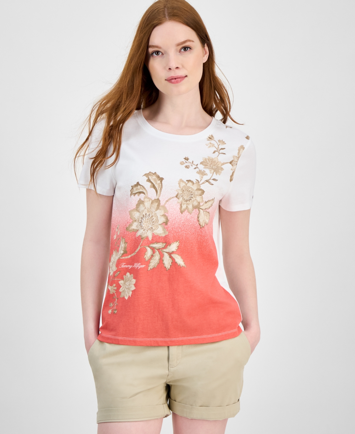 Tommy Hilfiger Womens Placed Floral Ombre T-Shirt - Coralie Multi