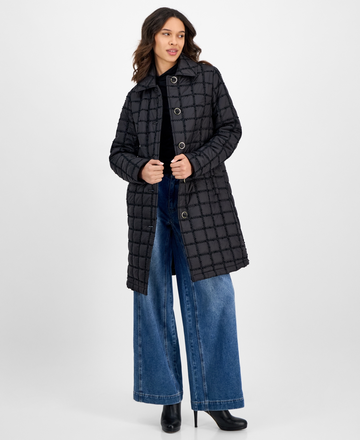 Click here for CeCe Womens Long Boucle Windowpane Quilted Coat -... prices