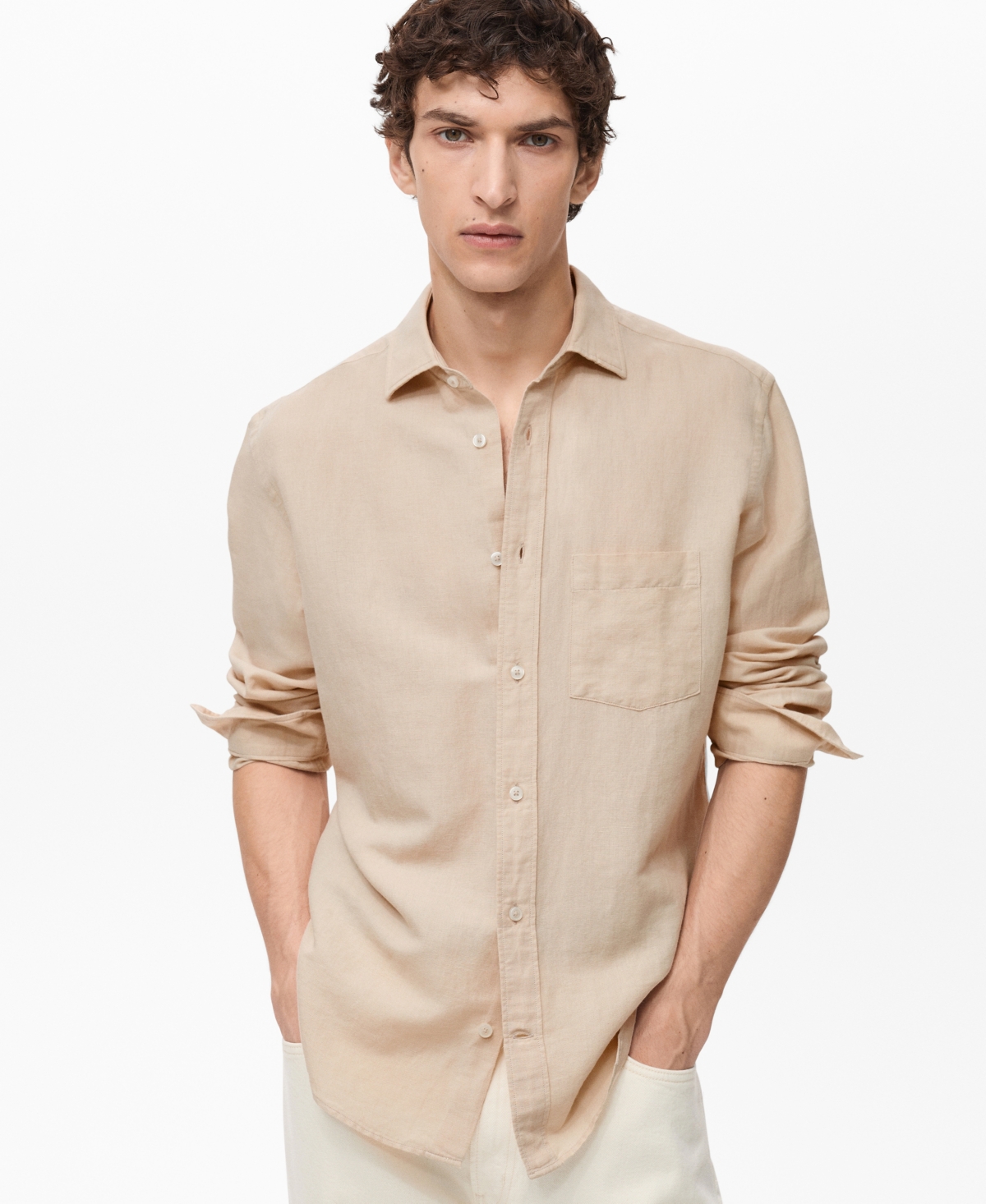 Click here for Mango Mens Classic-Fit Linen Shirt - Sand prices