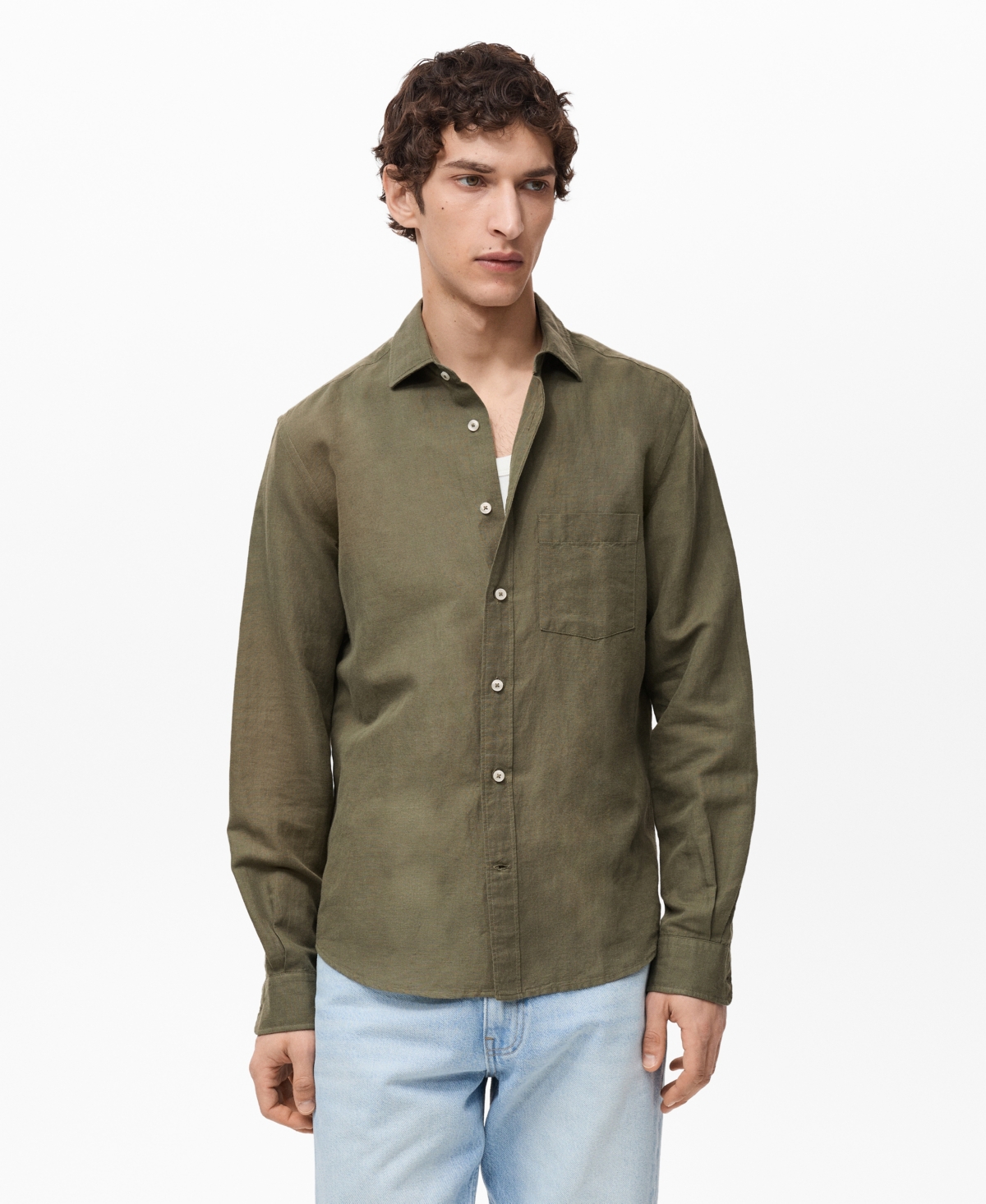 Click here for Mango Mens Classic-Fit Linen Shirt - Khaki prices
