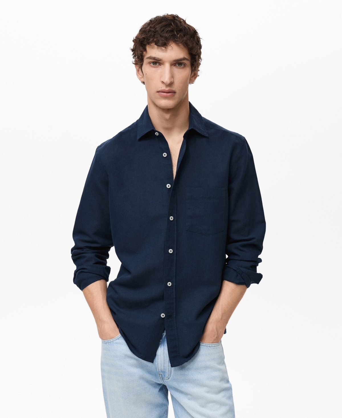 Click here for Mango Mens Classic-Fit Linen Shirt - Dark Navy prices