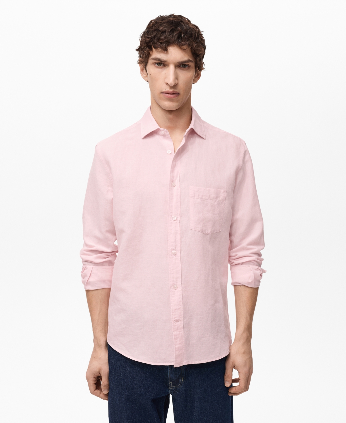 Mango Mens Classic-Fit Linen Shirt - Pastel Pink
