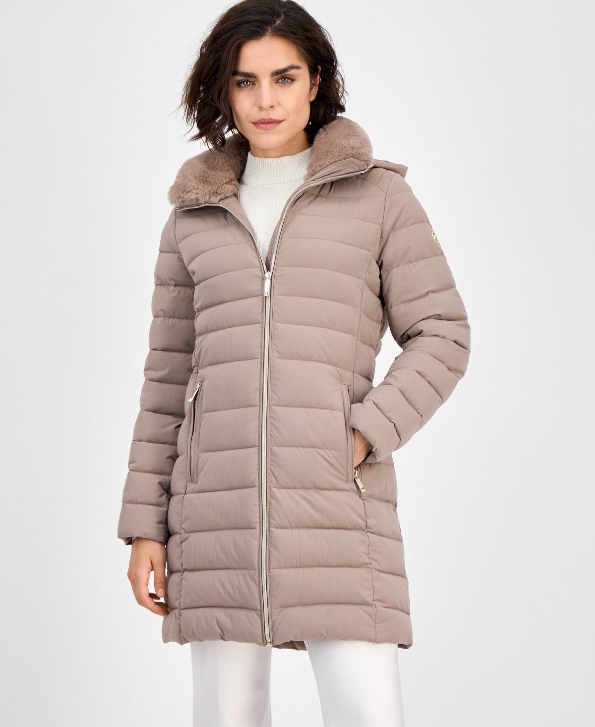 Michael Michael Kors Womens Faux-Fur-Collar Hooded Packable Puffer Coat - Taupe