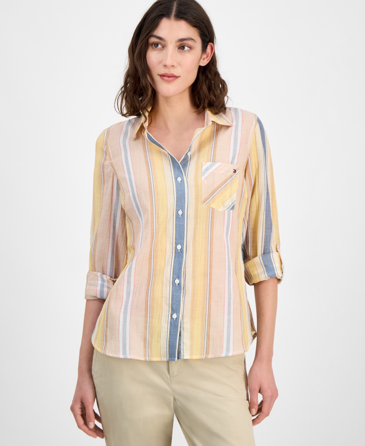 Tommy Hilfiger Womens Striped Roll-Tab Shirt - Deep Maize Multi