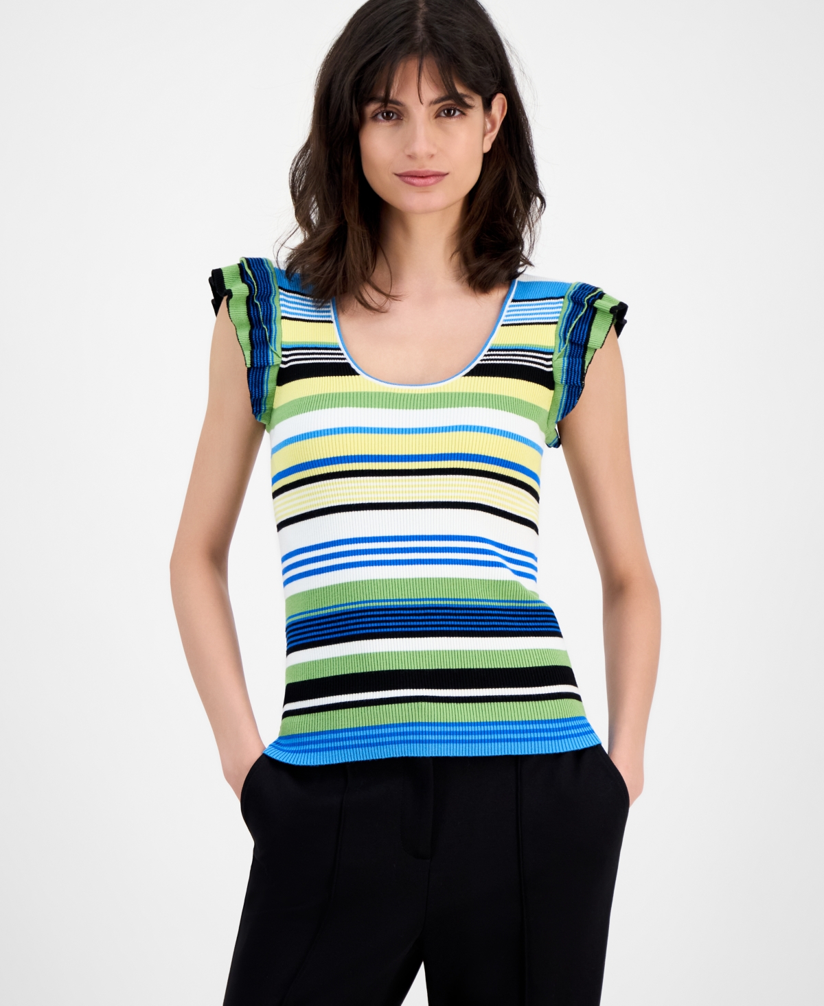 Click here for T Tahari Womens Striped Flutter-Sleeve Scoop-Neck... prices