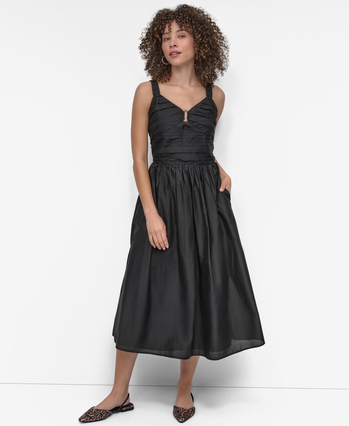 Click here for Dkny Womens Gathered Drop-Waist Midi Dress - Black prices