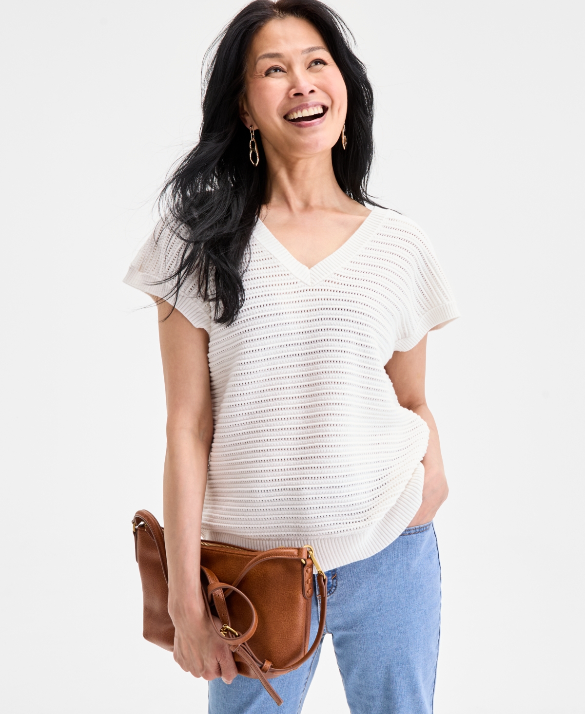 Click here for Style & Co Womens Cotton Rib-Knit Dolman-Sleeve Sw... prices