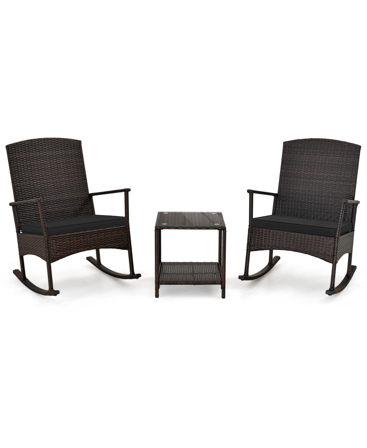 3 Piece Patio Rocking Set Wicker Rocking Chairs with 2-Tier Coffee Table - Brown