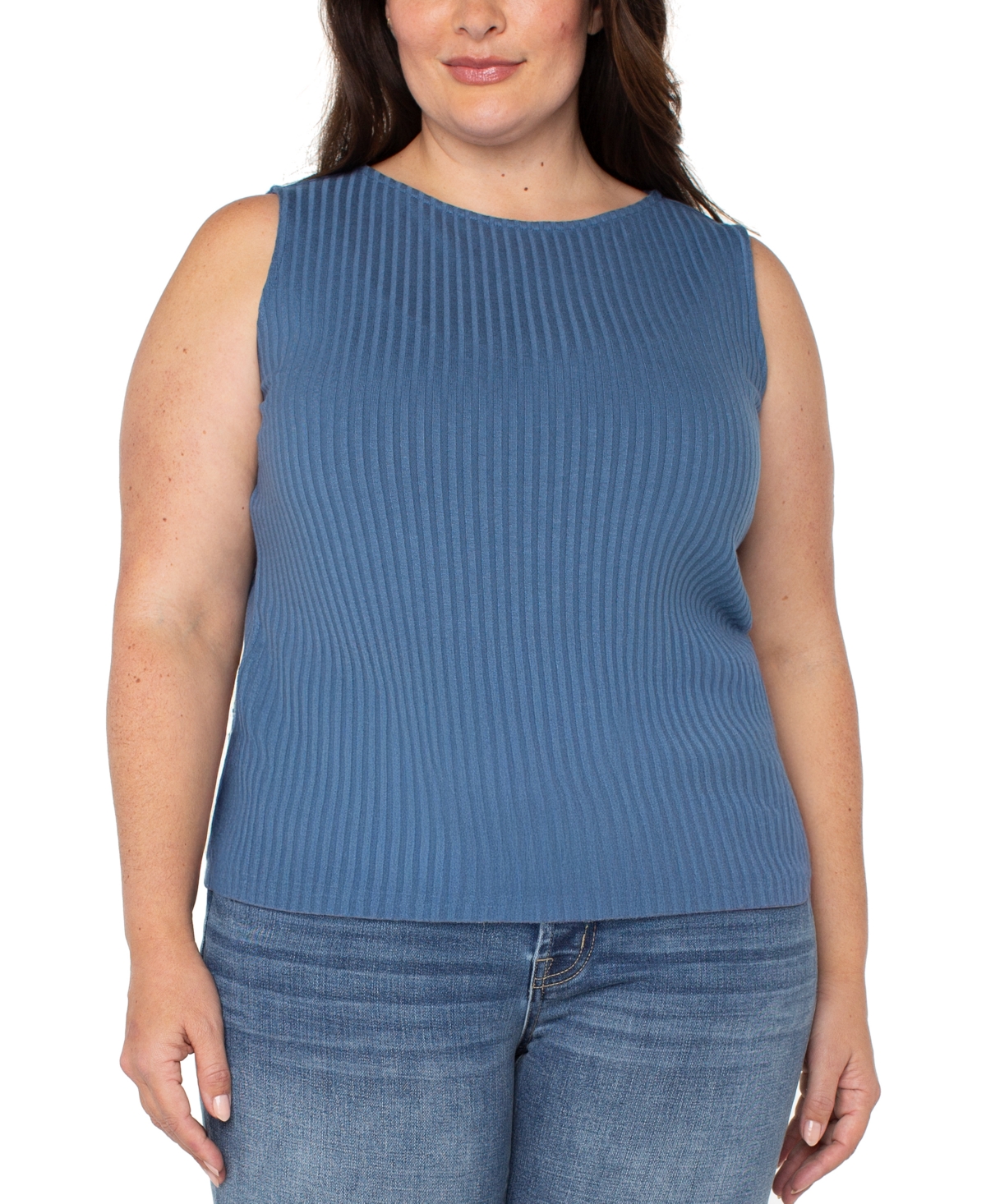 Liverpool Plus Size Ribbed Boat-Neck Sleeveless Top - French Blue