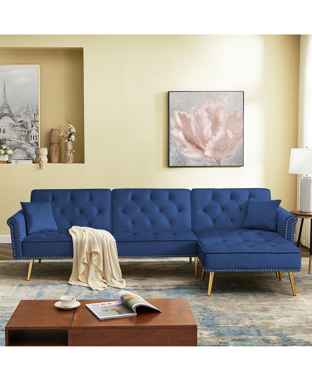 Click here for Blue L-Shaped Sectional Sofa Bed with Ottoman - Bl... prices