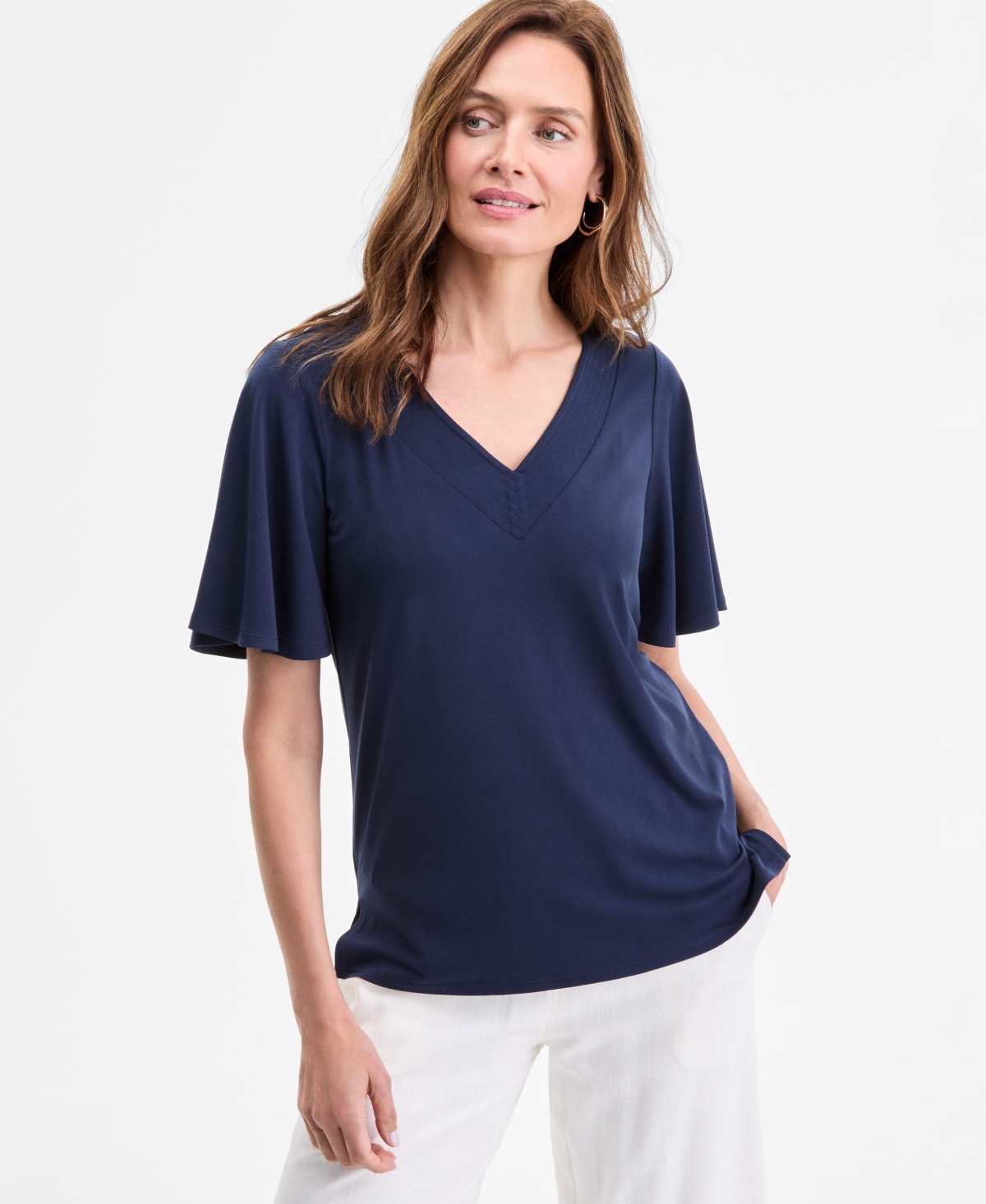 Click here for Jm Collection Womens V-Neck Short Sleeve Knit Top... prices