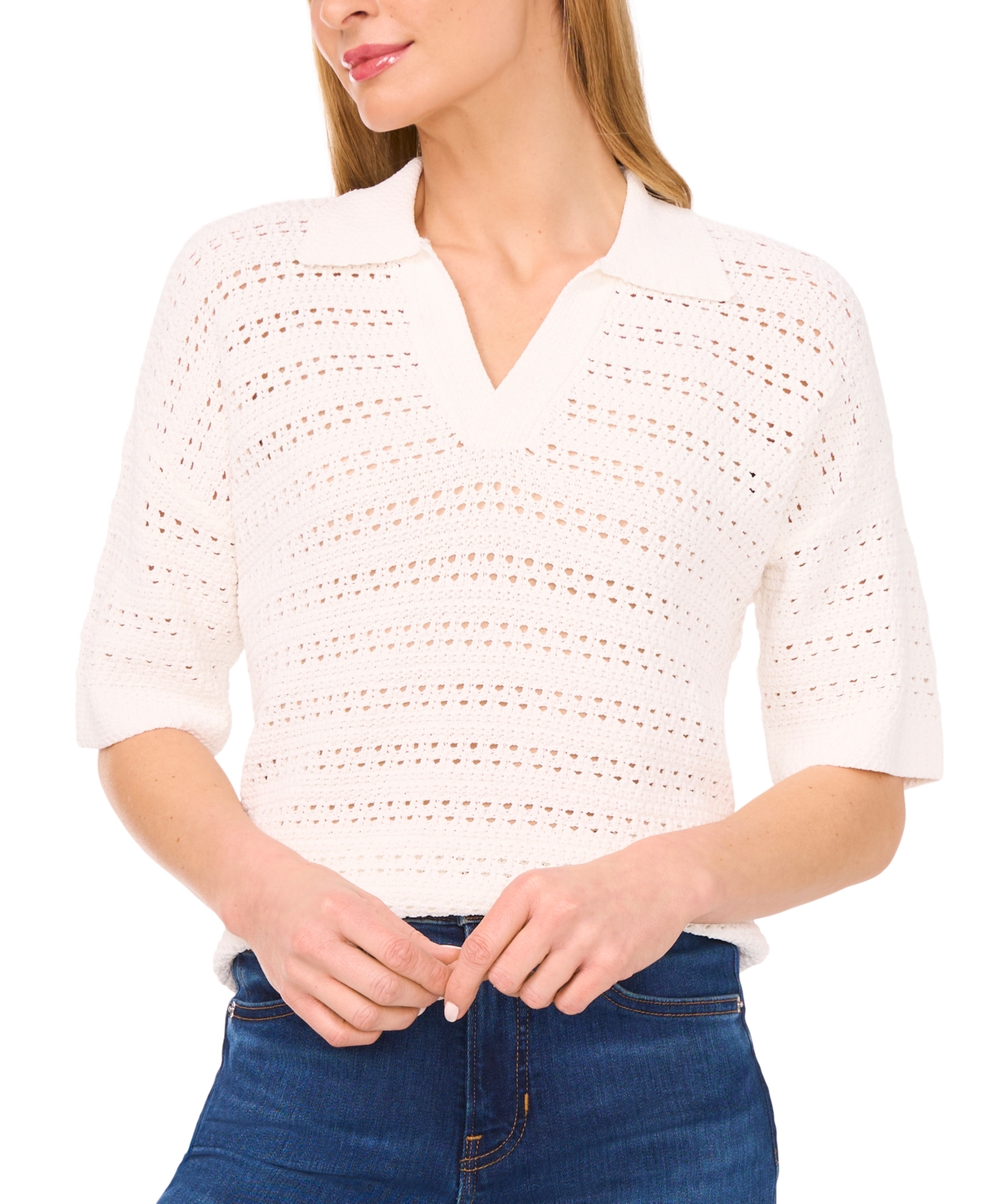 Click here for CeCe Womens Open-Knit Short-Sleeve Polo Sweater -... prices