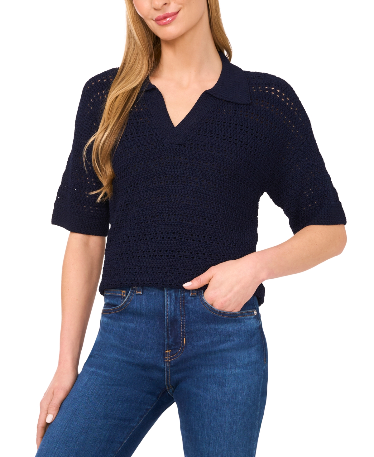 Click here for CeCe Womens Open-Knit Short-Sleeve Polo Sweater -... prices