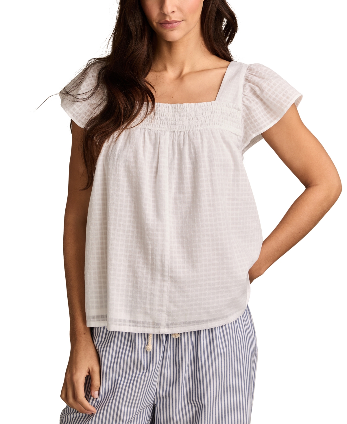 Click here for Lucky Brand Womens Cotton Smocked Square-Neck Peas... prices